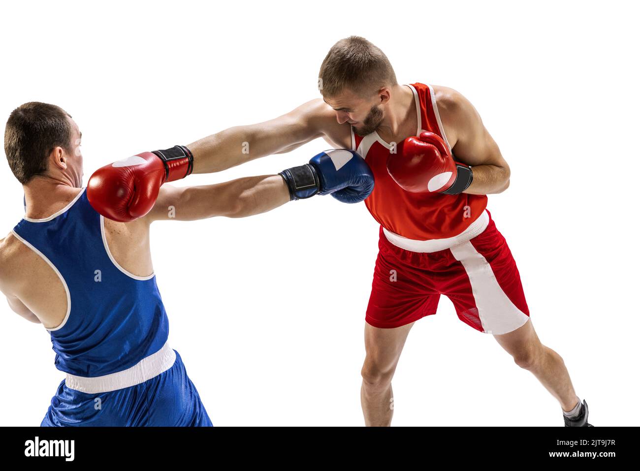 Dynamic portrait of two professional boxer in sports uniform boxing ...