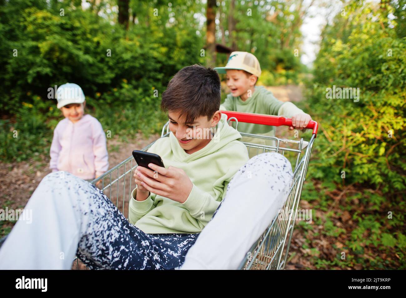 Kids with trolley having fun in forest Stock Photo - Alamy