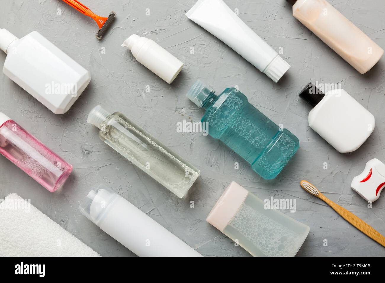 Mockup for bathing products top view flat lay, spa razor, toothpaste ...