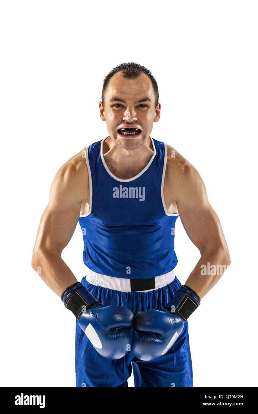 Winner emotions. Male boxer in blue uniform and boxing gloves shouting ...