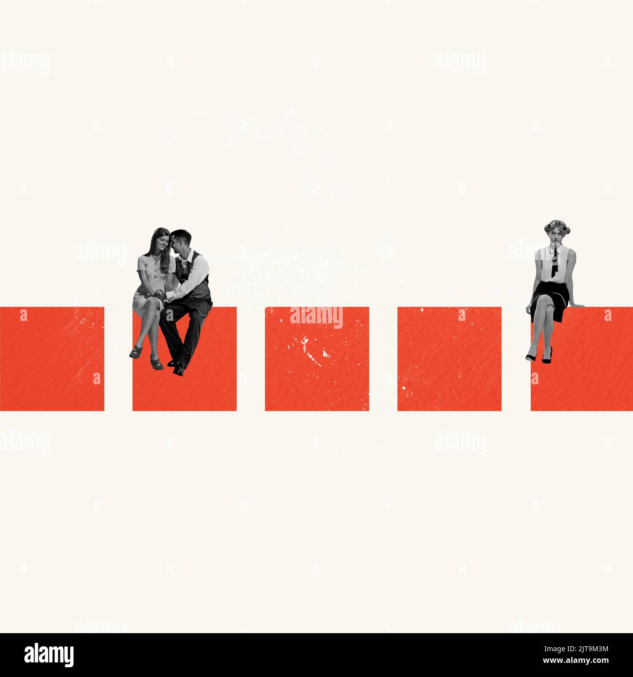 Contemporary art collage. Sad lonely woman sitting near loving couple ...