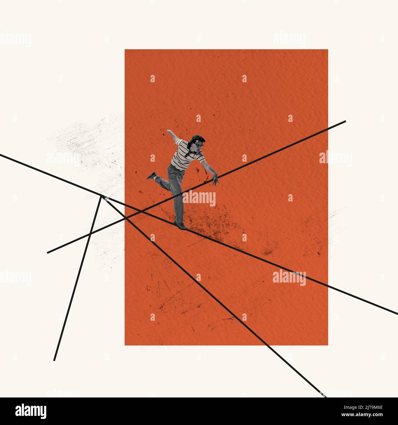 Contemporary art collage. Conceptual image. Young man stepping, walking ...