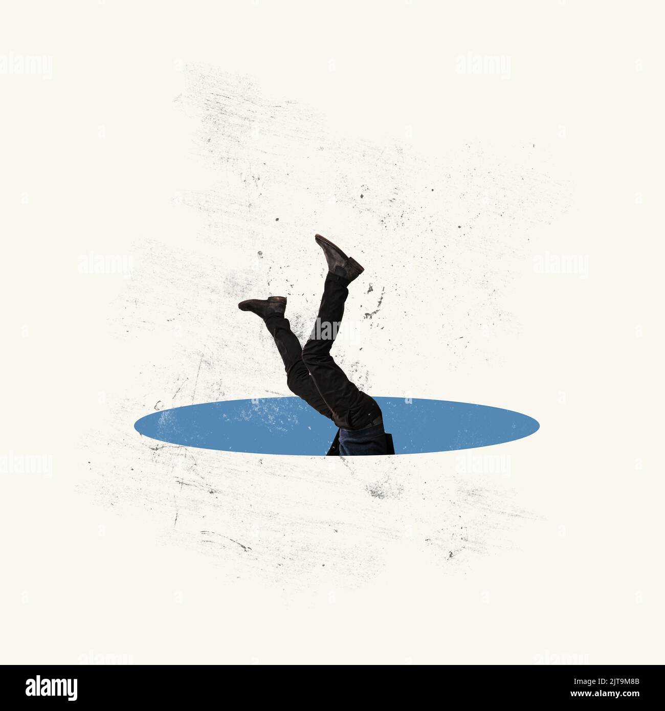 Contemporary art collage. Conceptual image. Man falling down into deep ...