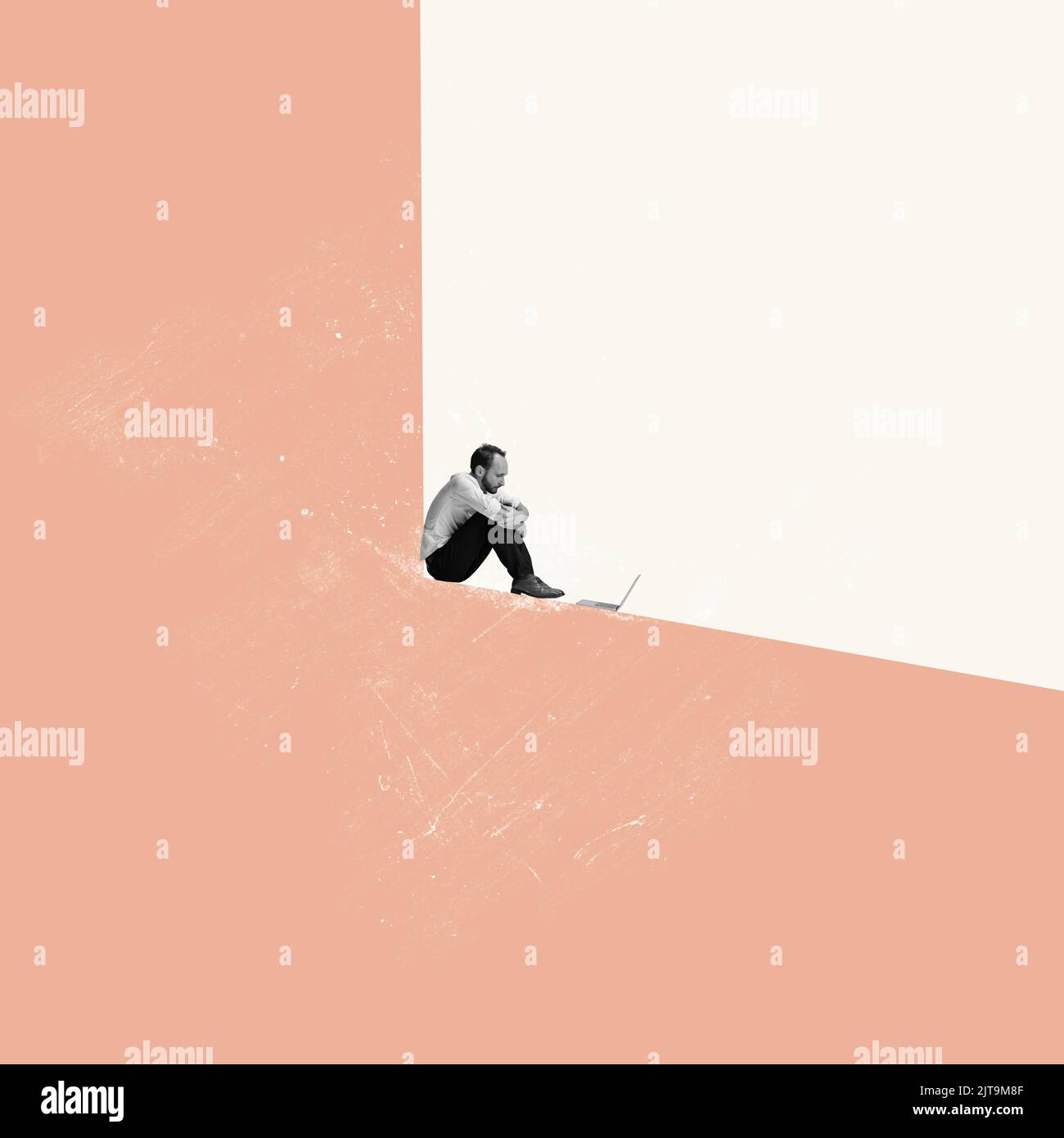 Contemporary art collage. Conceptual image. Depressed man sitting in ...