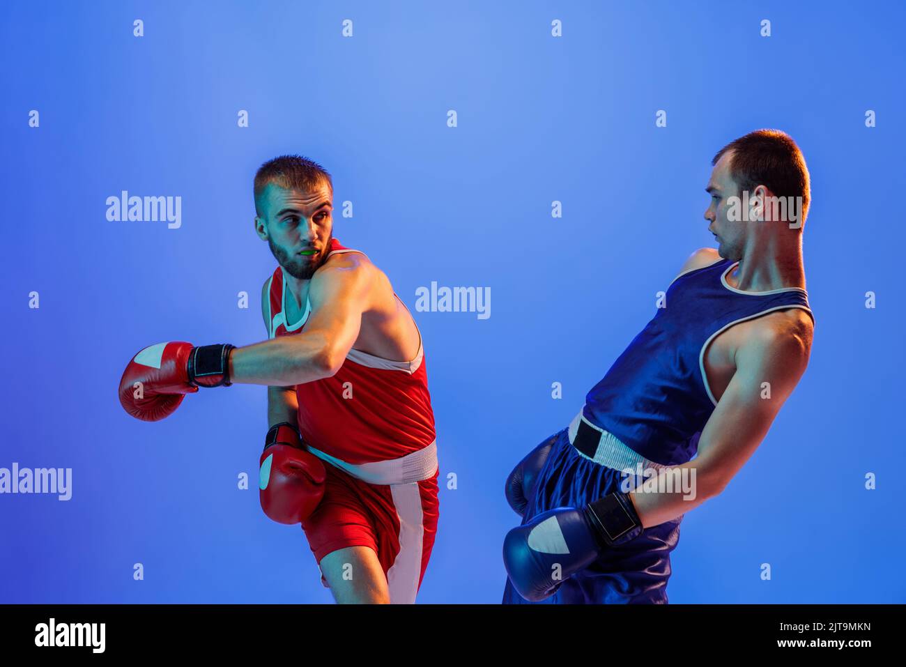 Right hook. Male professional boxers in red and blue sports uniform ...