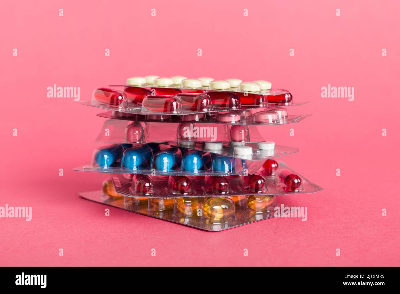 too many different pill cartridges stacked. selective Focus. Packs of ...