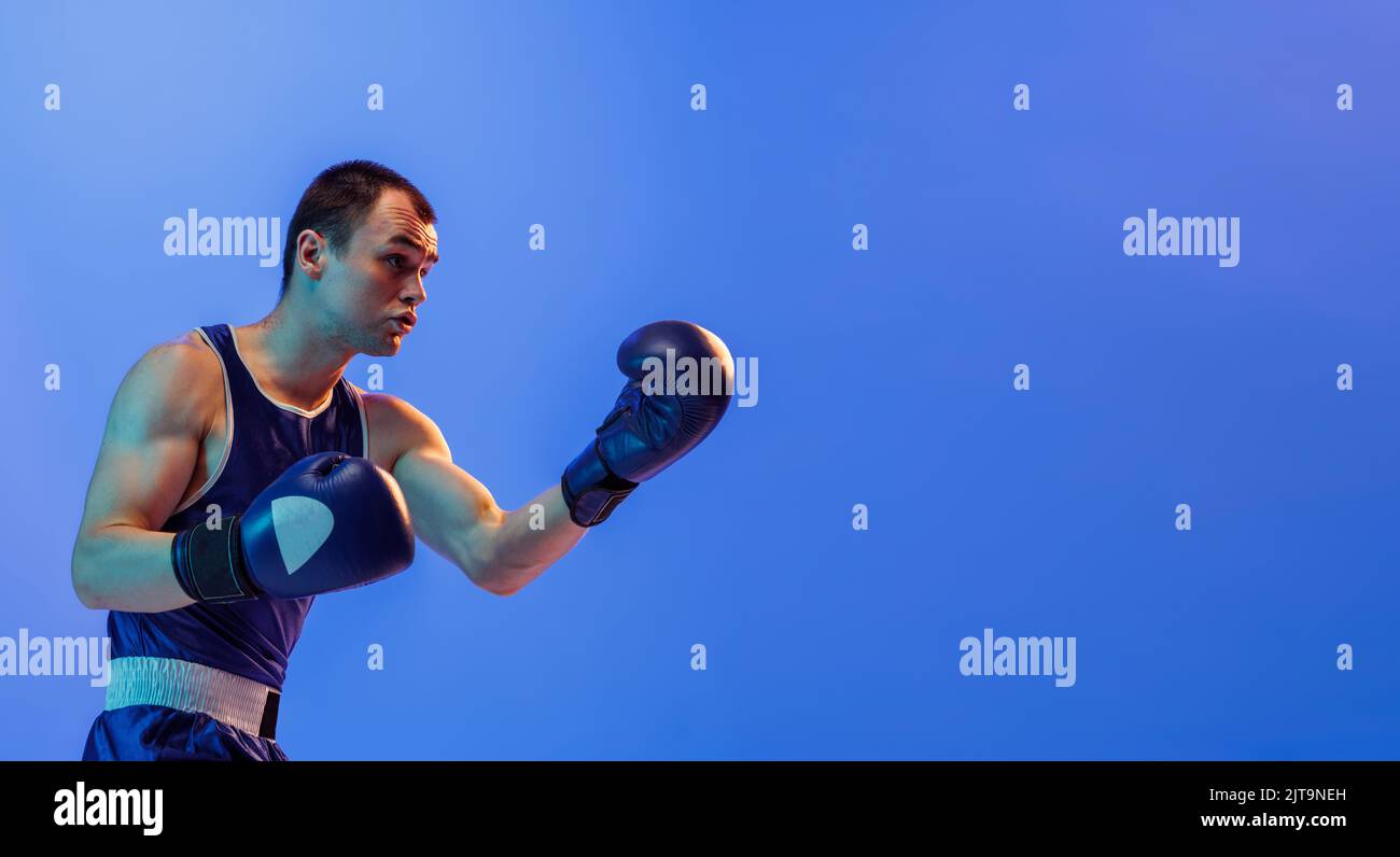 Muscled man, male boxer in blue uniform and boxing gloves training ...