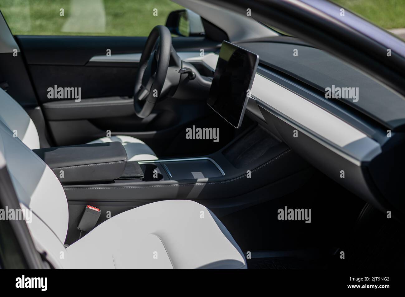 Interior of an electric car. Caring for the environment Stock Photo - Alamy