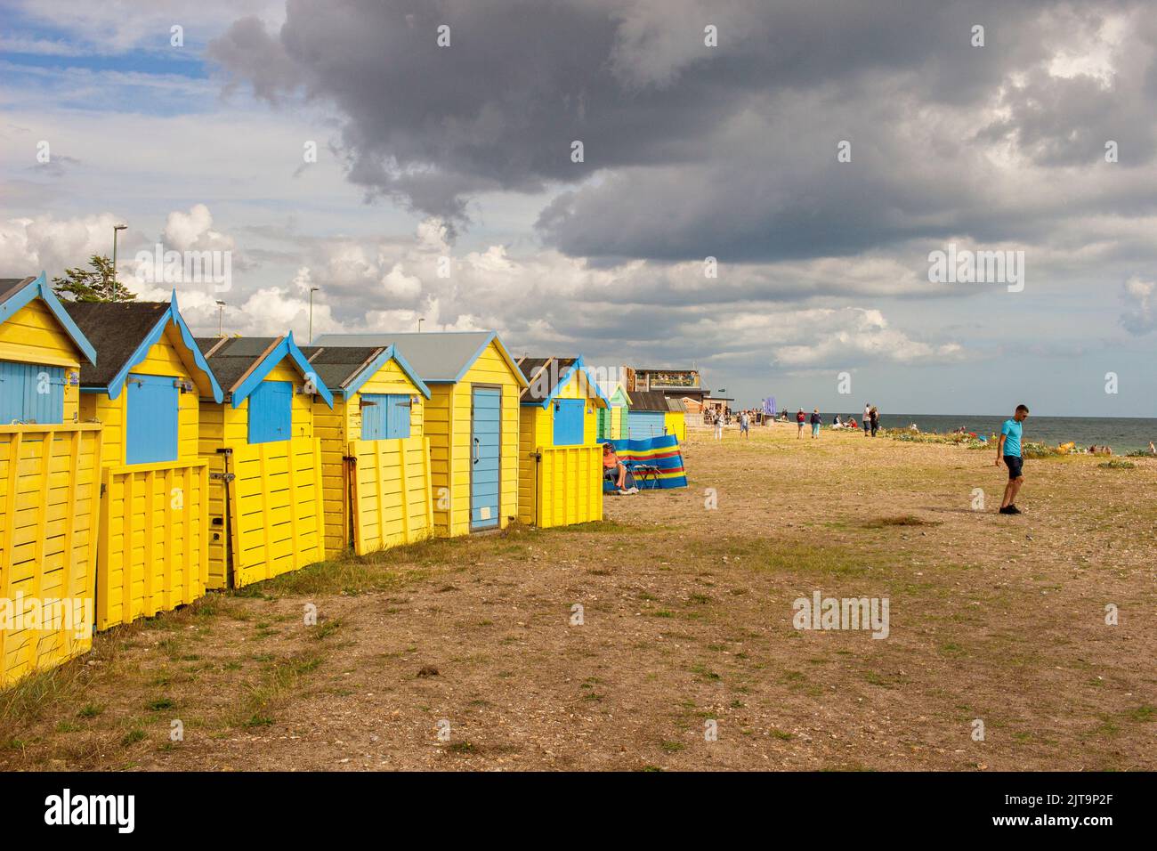 Beach huts on the East Beach, Littlehampton, West Sussex, UK; painted ...