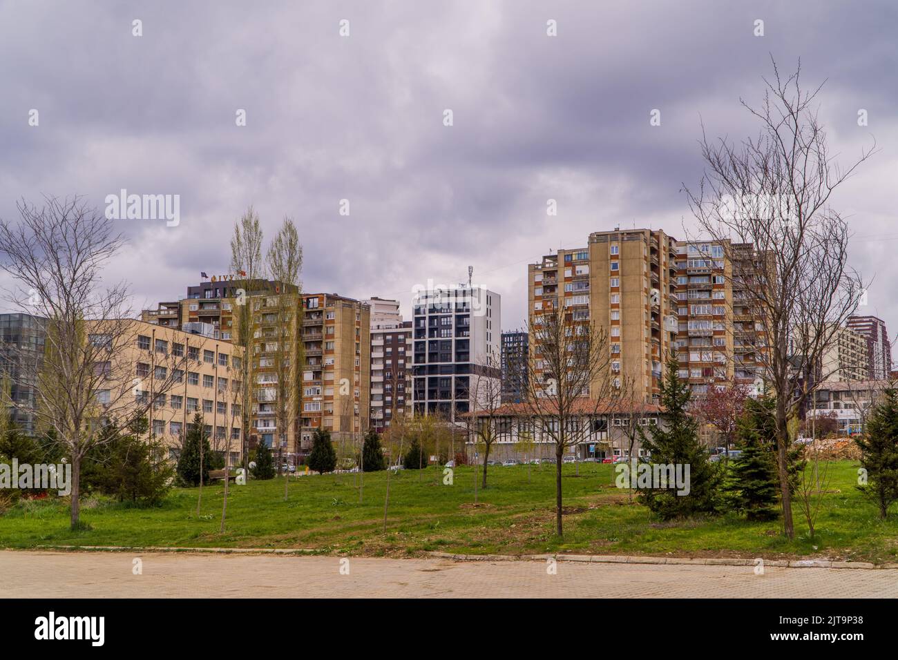 The residential buildings in downtown Pristina, Kosovo on a cloudy day ...