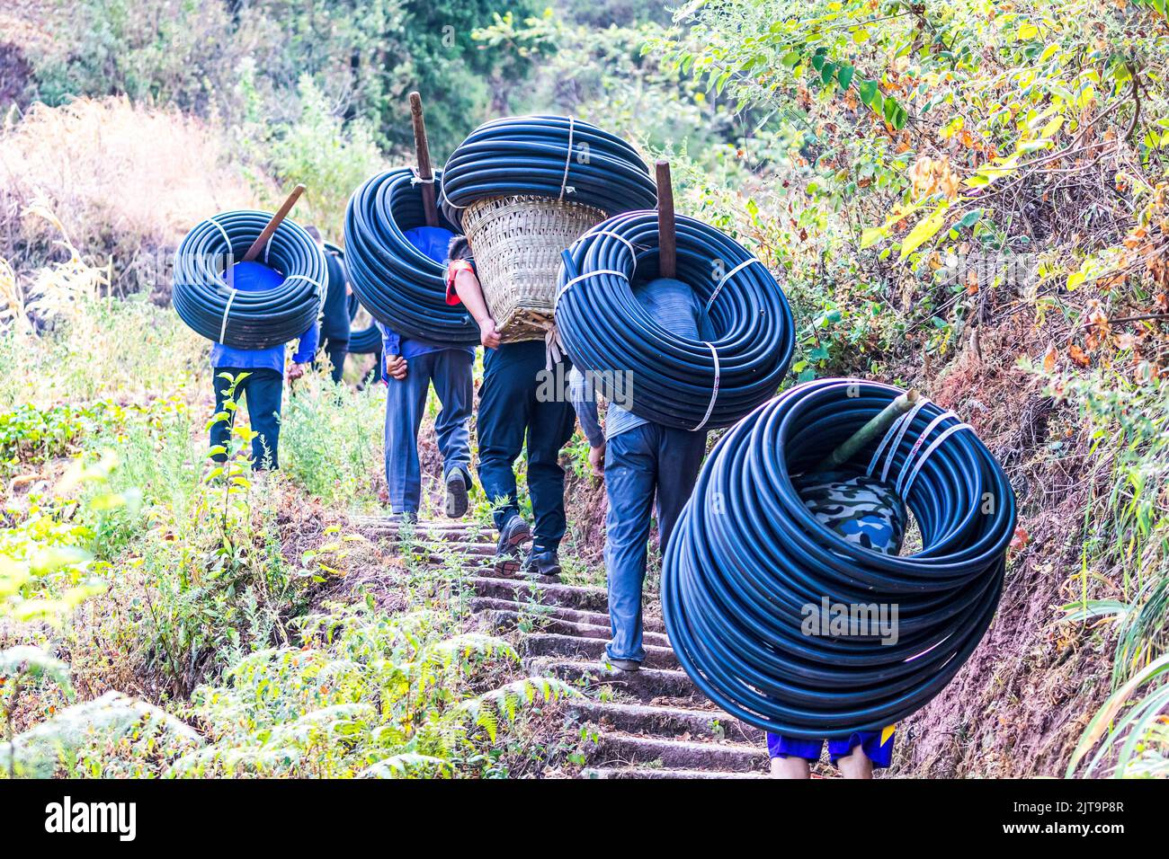 CHONGQING, CHINA - AUGUST 29, 2022 - Villagers carry water pipes up a ...