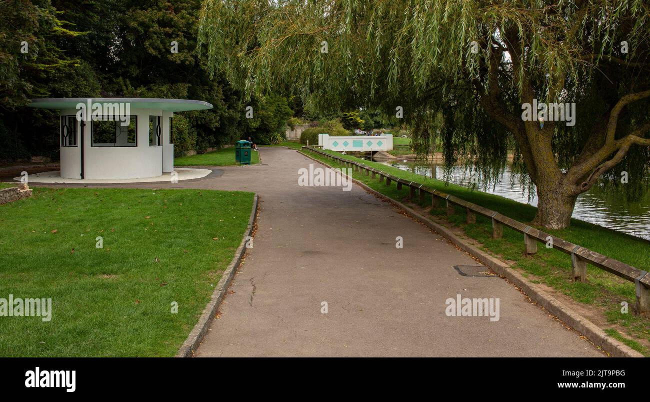 Art Deco shelters in Mewsbrook Park, Littlehampton, West Sussex, UK; a ...