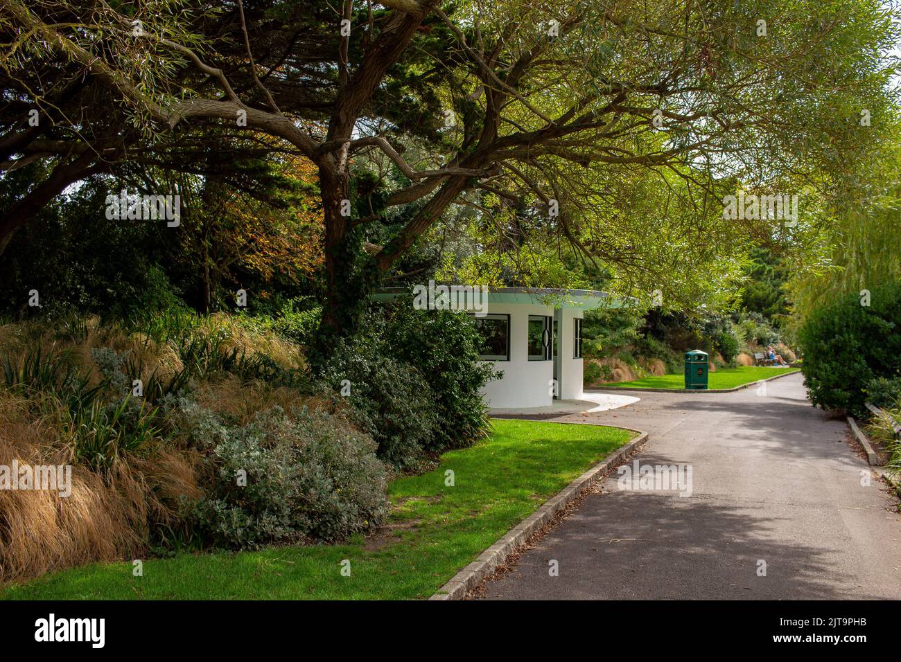 Art Deco shelters in Mewsbrook Park, Littlehampton, West Sussex, UK; a ...
