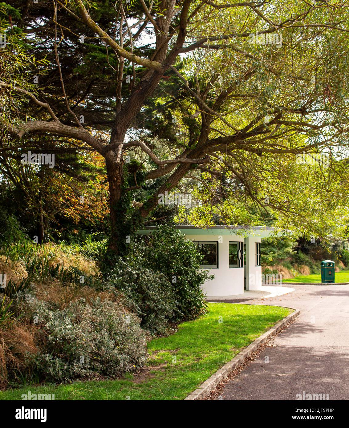 Art Deco shelters in Mewsbrook Park, Littlehampton, West Sussex, UK; a ...