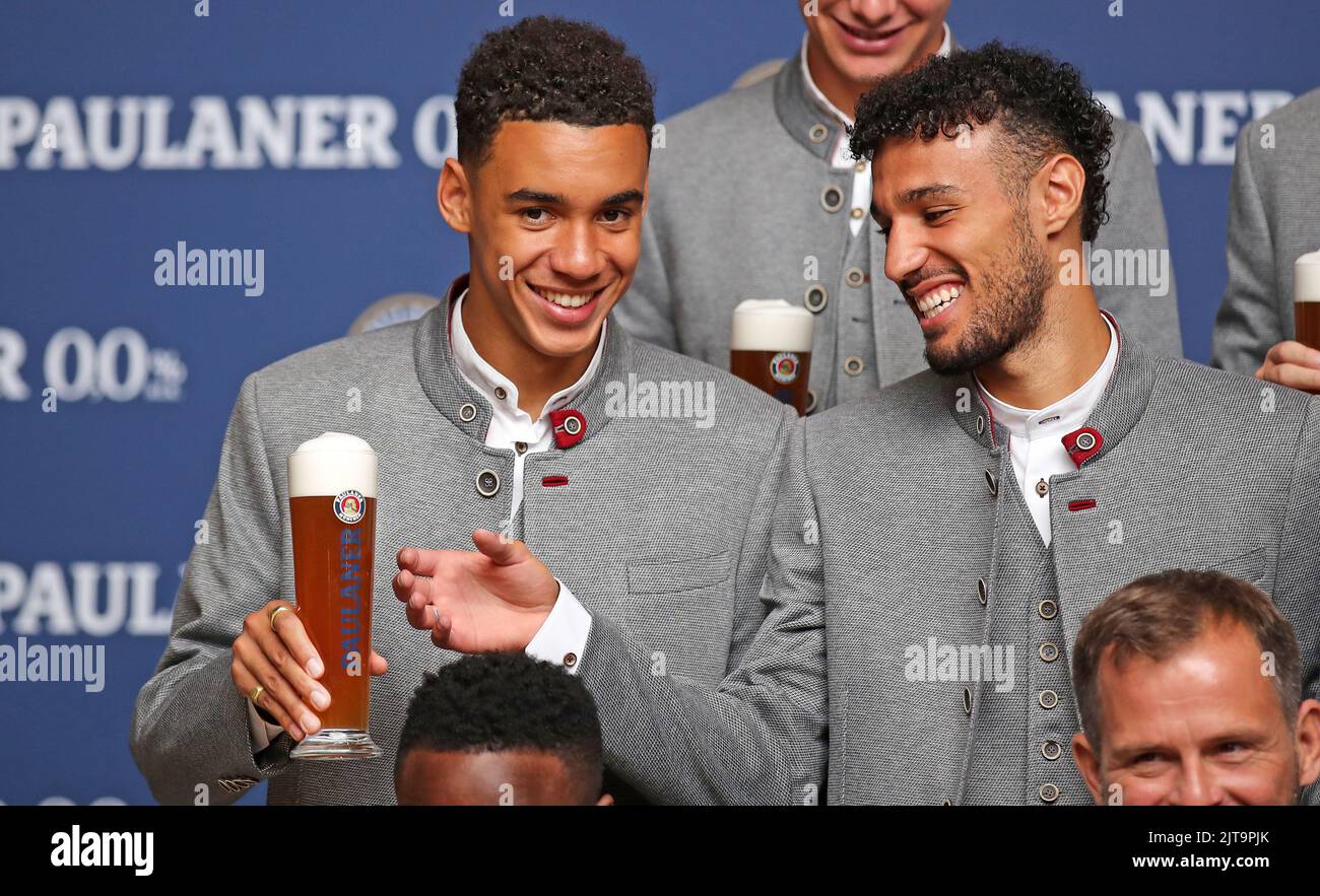 Jamal Musiala of Bayern Muenchen und Noussair Mazraoui of FC Bayern ...