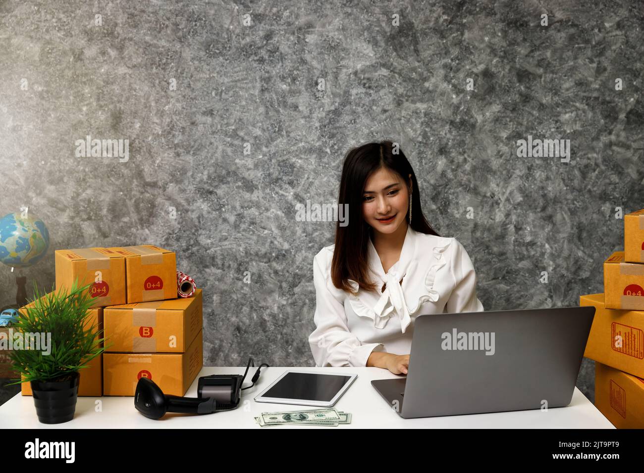 Successful entrepreneur business woman with online sales and Parcel ...