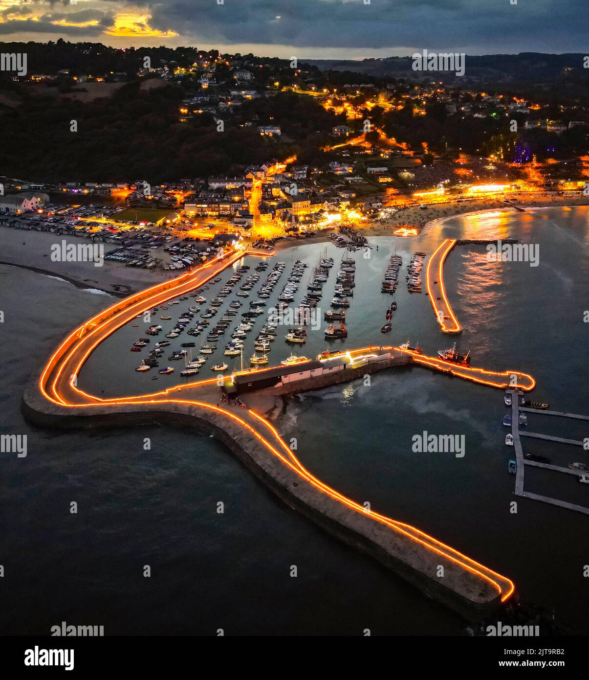 Lyme Regis, Dorset, UK. 28th August 2022. View from the air as ...