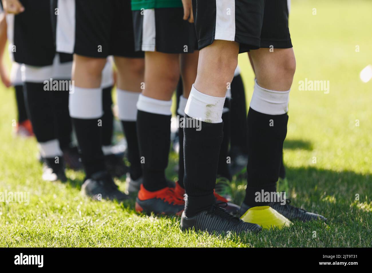 Sports team standing on grass venue. Closeup picture of soccer player's ...