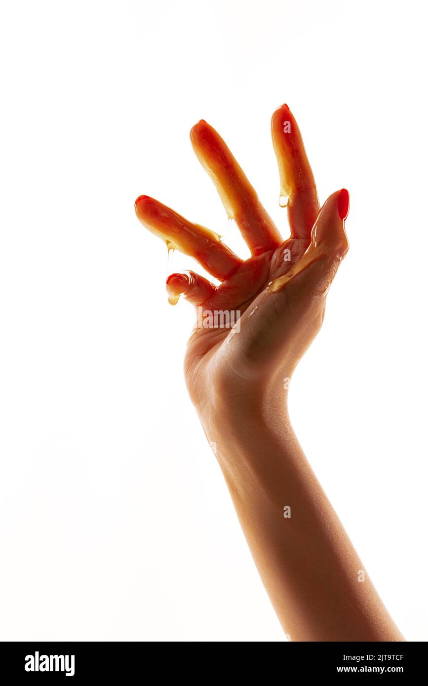 Tears. Wet, drippling female hand with water drops isolated on white ...