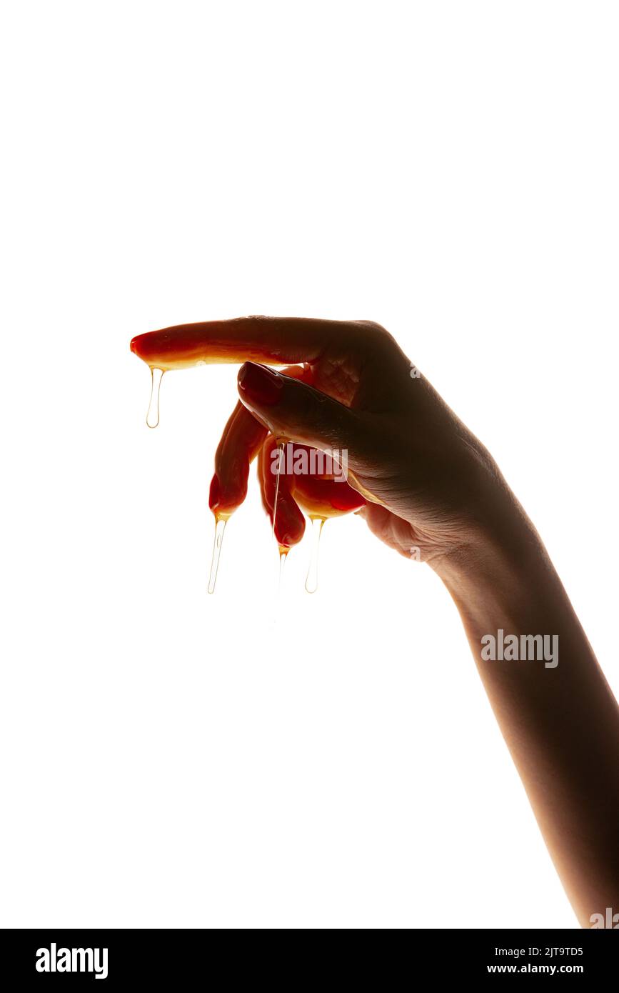 Tears. Wet, drippling female hand with water drops isolated on white ...