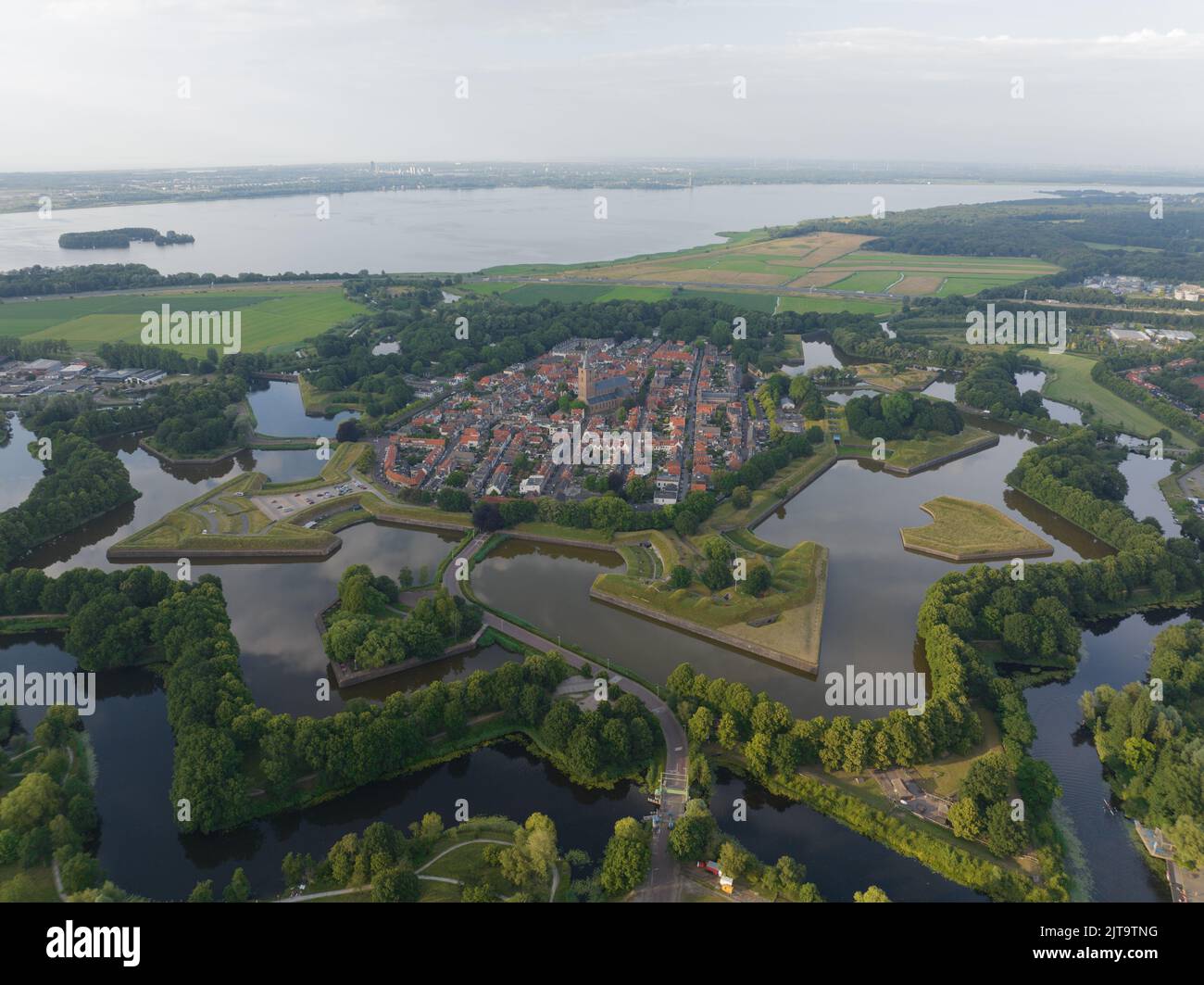 Fortified ancient old historic town of Naarden Vesting overhead aerial ...