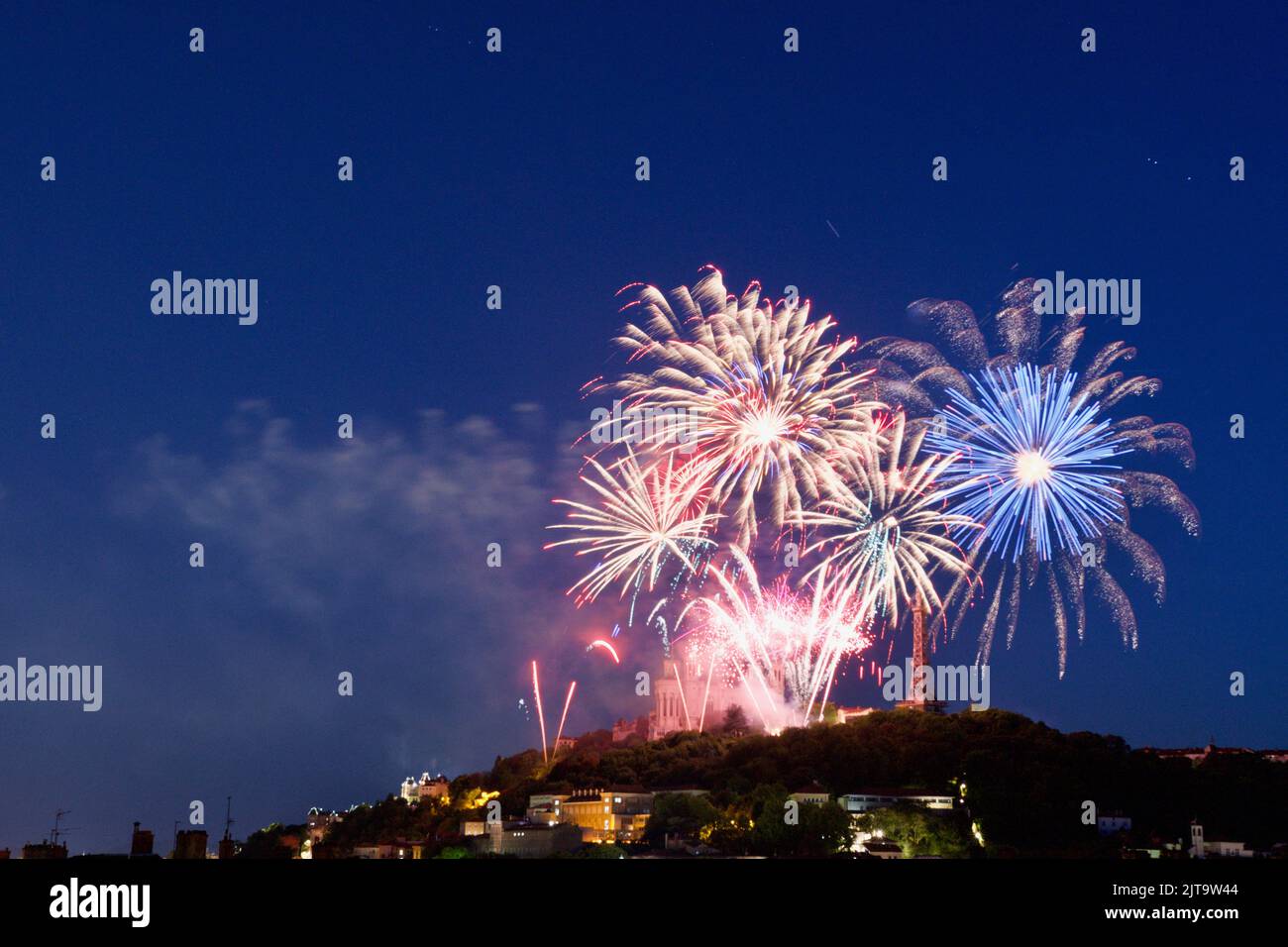Beautiful fireworks on the Fourviere hill for the Bastille day on July ...