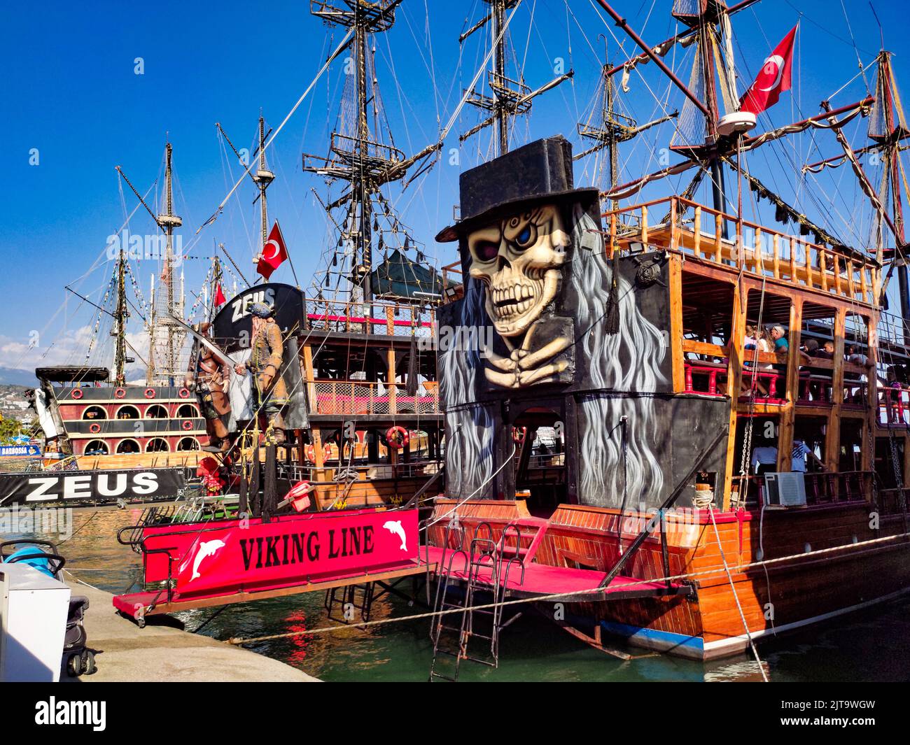 A huge pirate ship in the famous Alanya port. A ship decorated with a ...