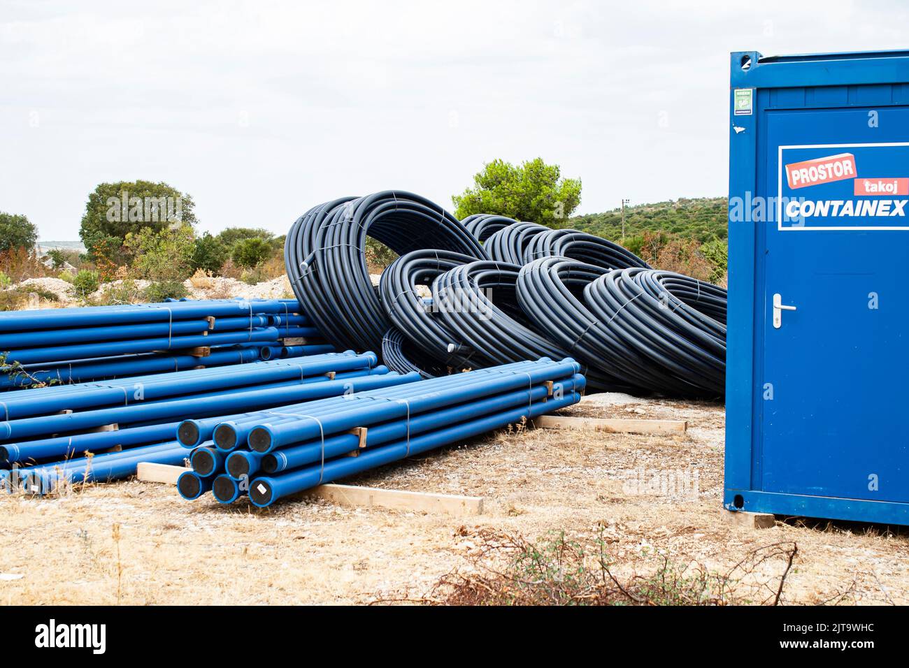 Pipes and cables required for construction works for water supply Stock ...