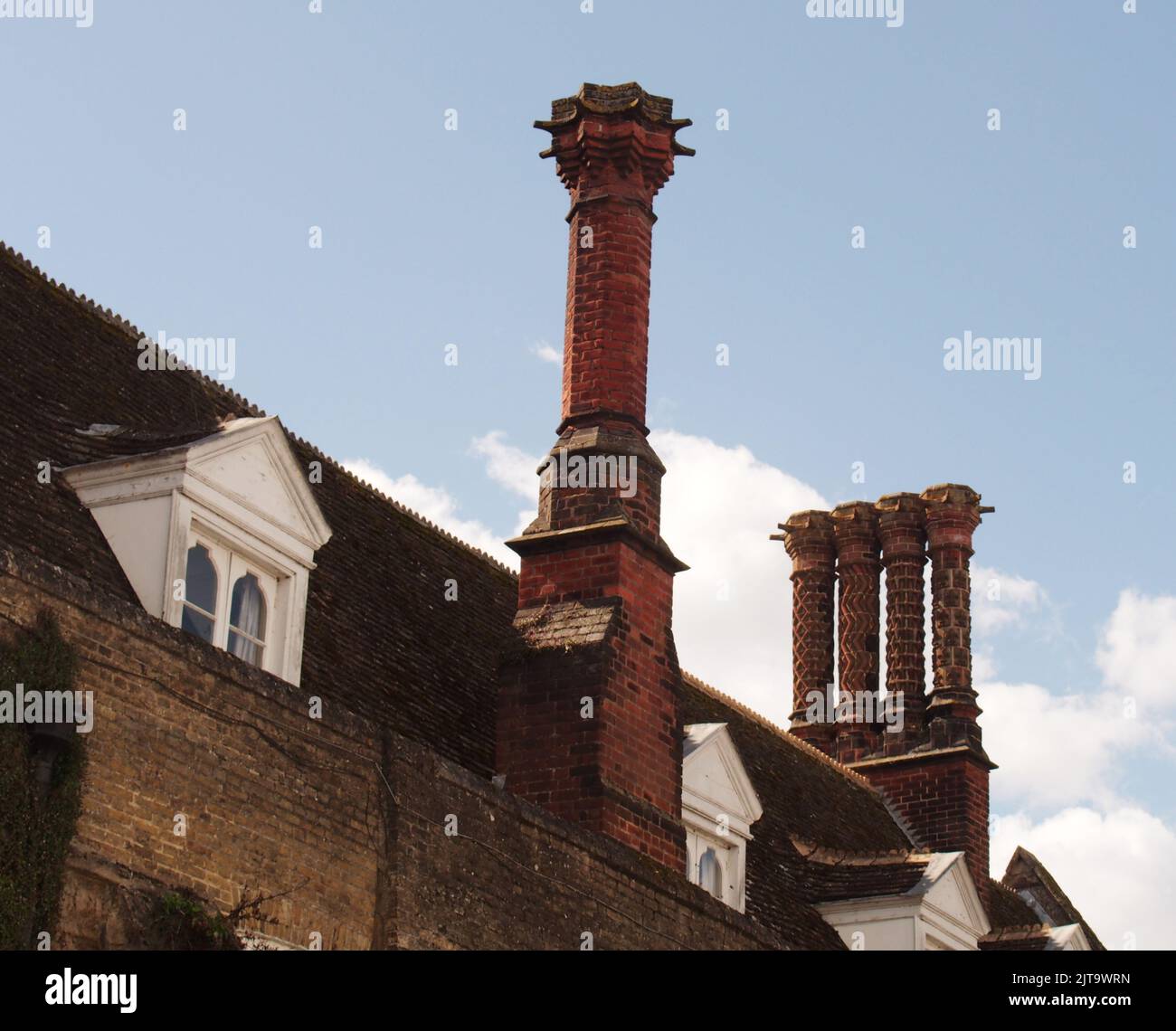 A view of architectural Tudor chimney stacks in Ely town centre ...