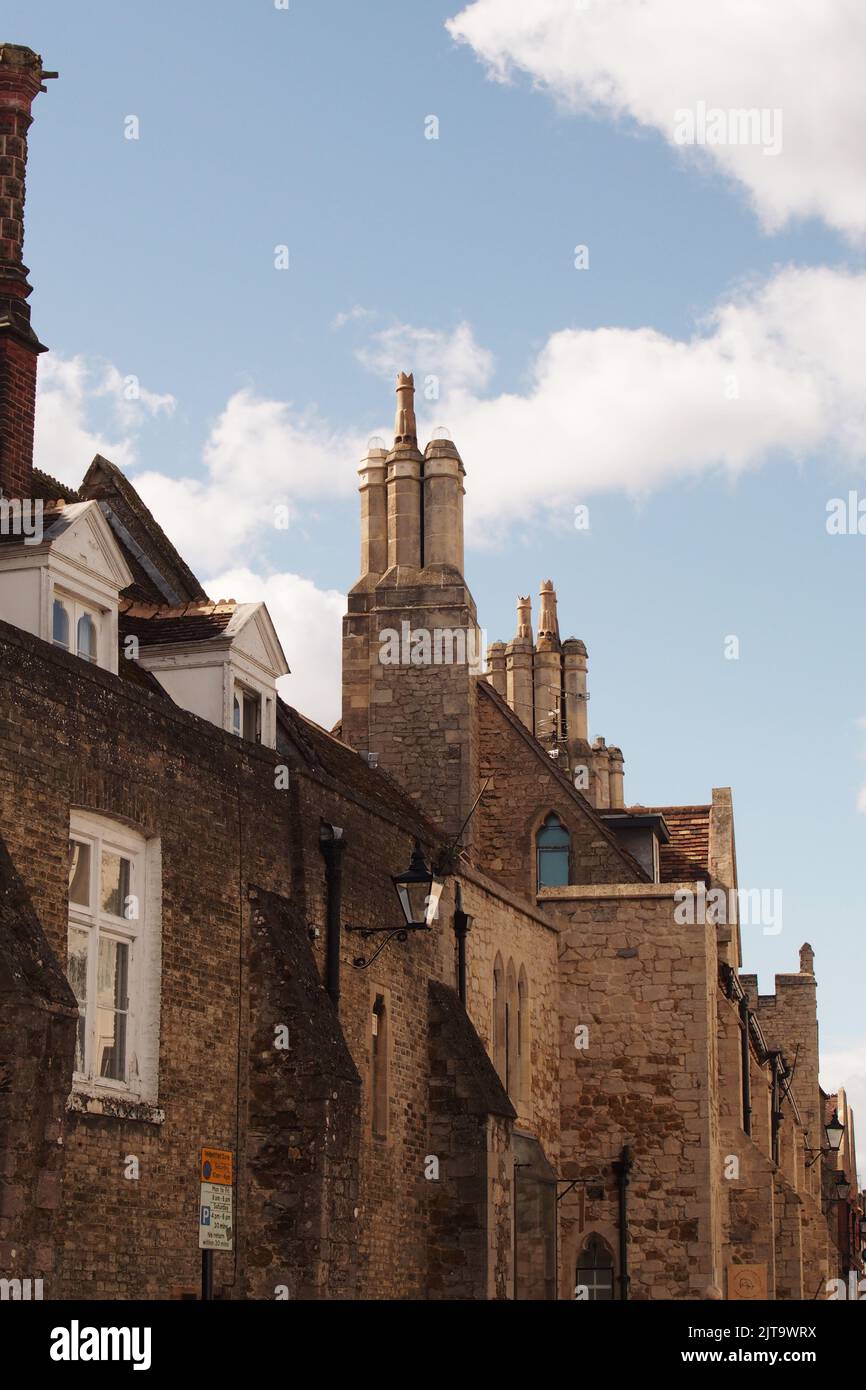 A view of architectural Tudor chimney stacks in Ely town centre ...