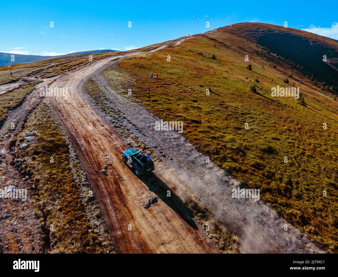 aerial view of off road attraction road to the top of carpathian ...