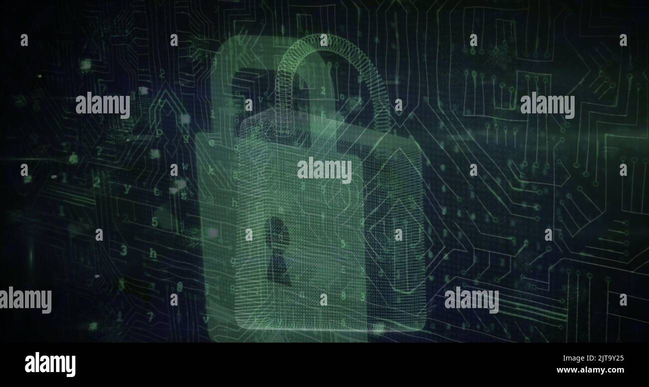 Image Of Data Processing Over Security Padlock Icon Against Microprocessor Connections Stock