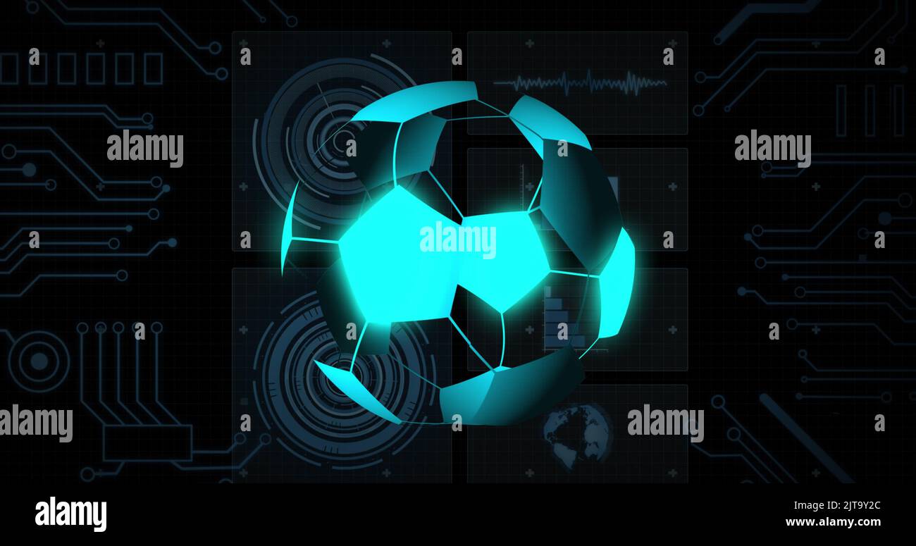 Image of digital football over data processing on black background ...