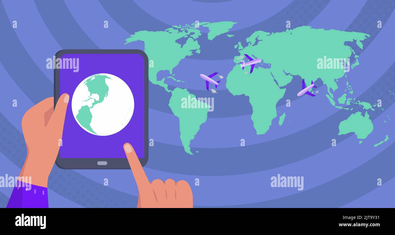 Image of world map over hands using tablet Stock Photo - Alamy