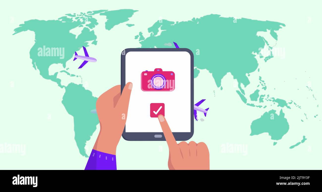 Image of world map over hands using tablet Stock Photo - Alamy