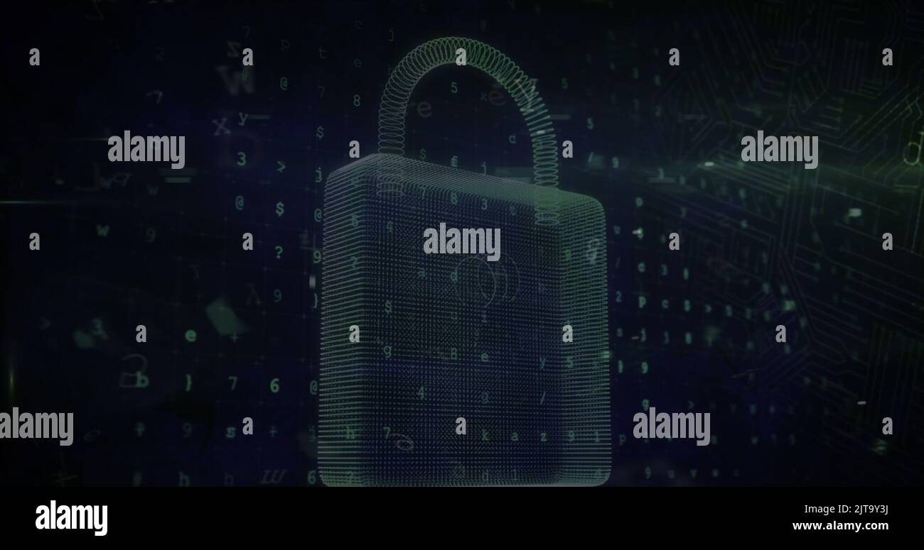 Image Of Data Processing Over Security Padlock Icon Against Microprocessor Connections Stock
