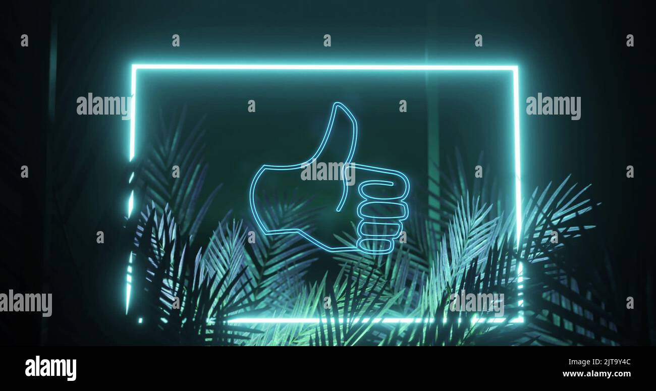 Image of like icon over neon shape and leaves on black background Stock ...