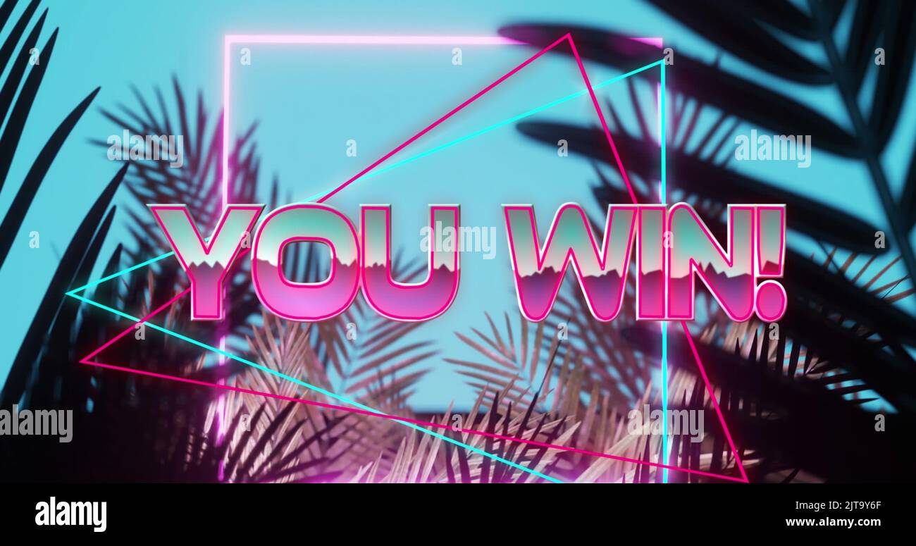 Image of you win text in shiny pink with blue and pink neon shapes ...
