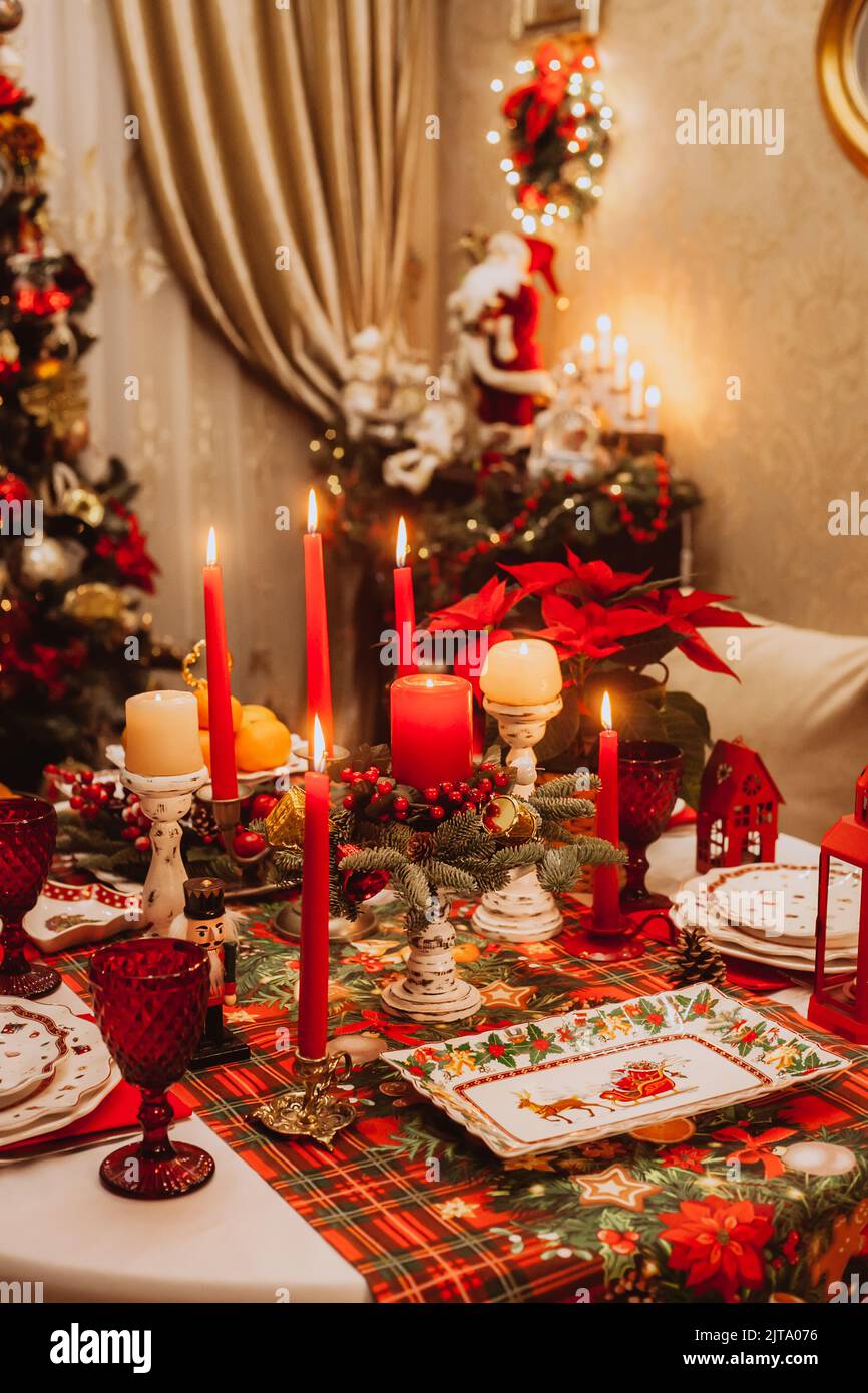 Christmas serving at home on the background of the Christmas tree ...