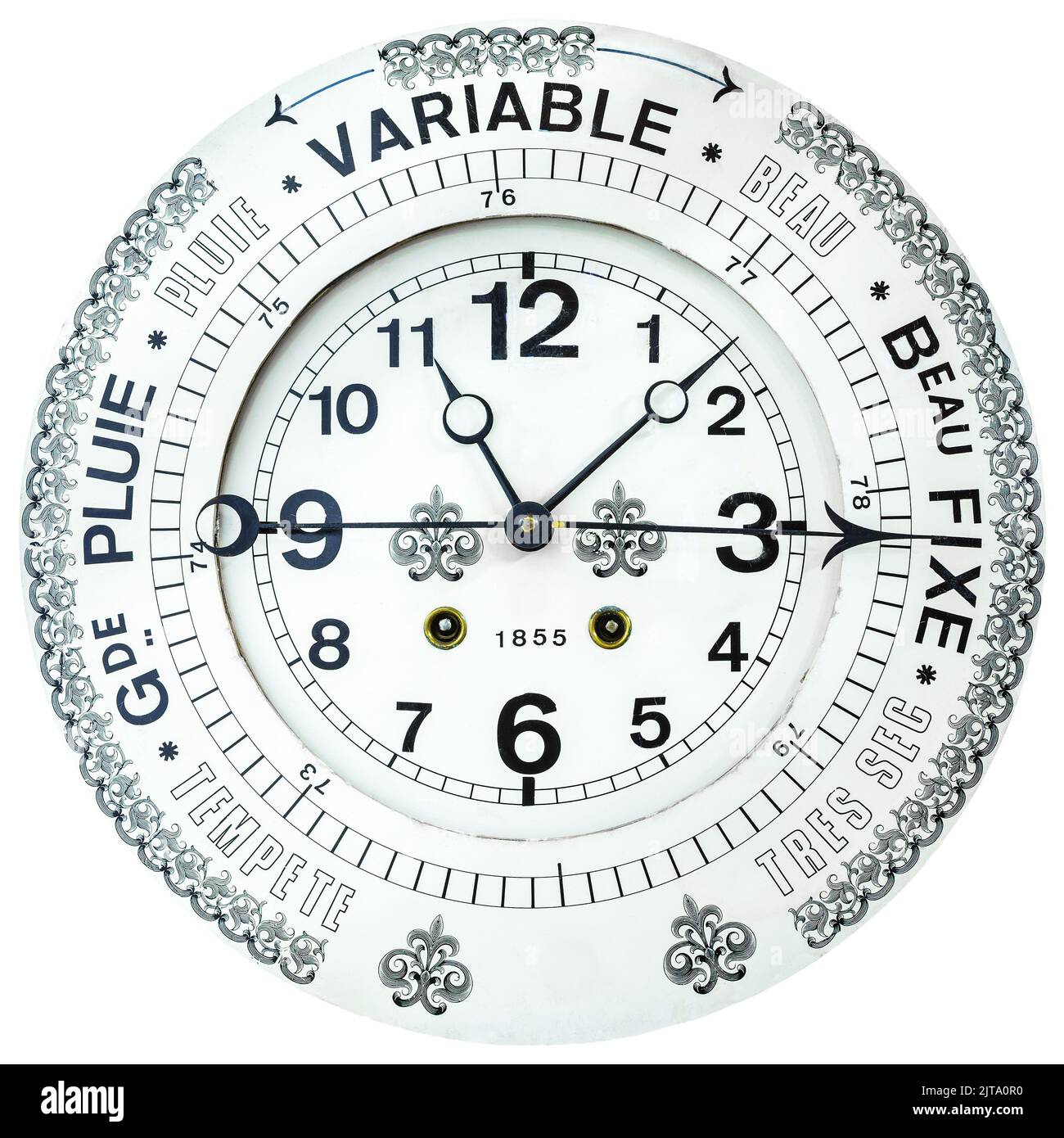 1855 Vintage French white barometer with clock isolated on a white ...