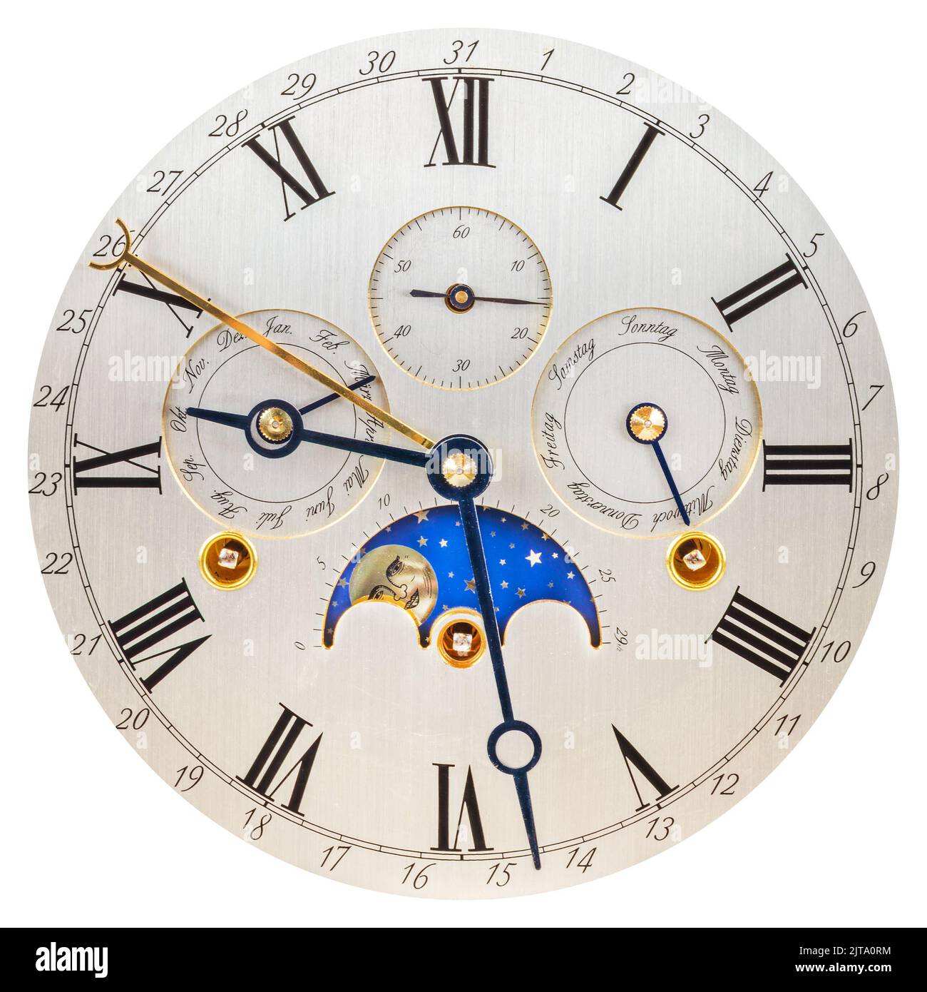 Antique silver clock face with moon rotation from Germany isolated on a ...