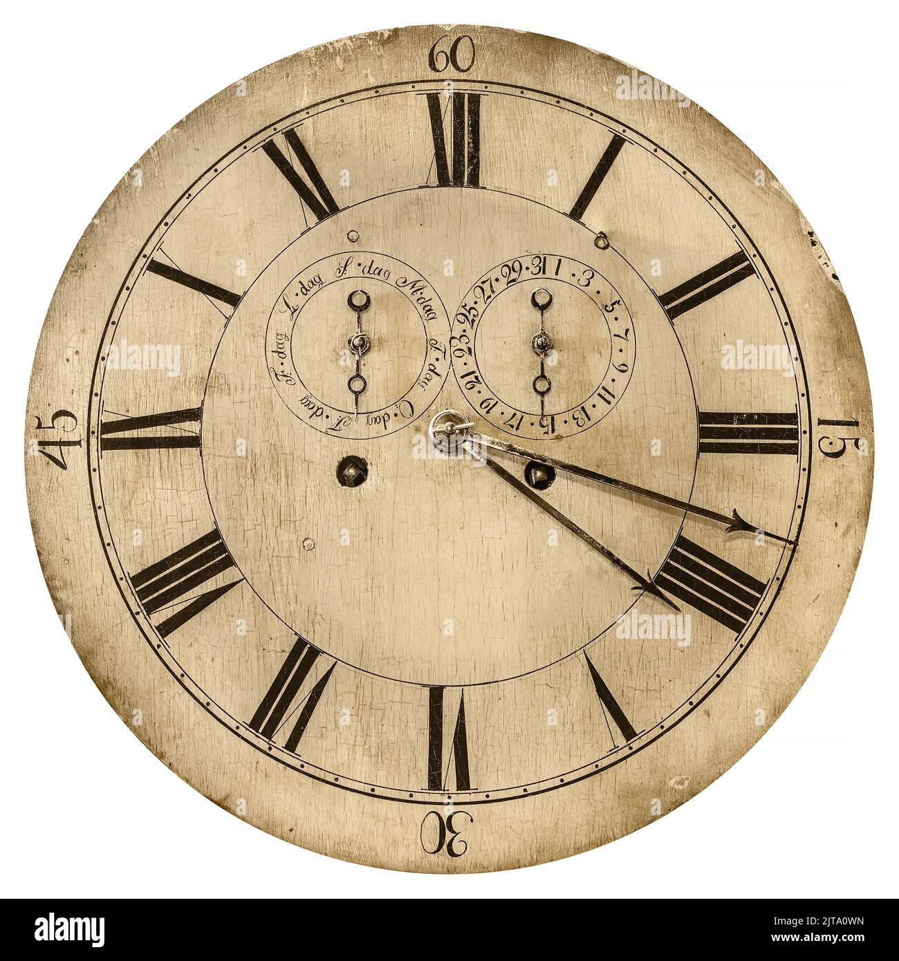Sepia toned image of an old clock face isolated on a white background ...