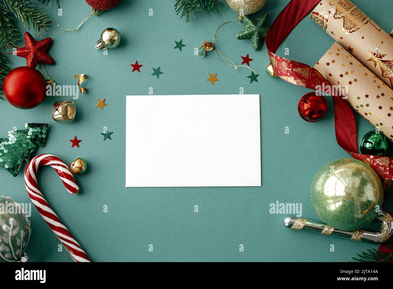 Christmas card flat lay. Modern greeting card mock up with stylish ...