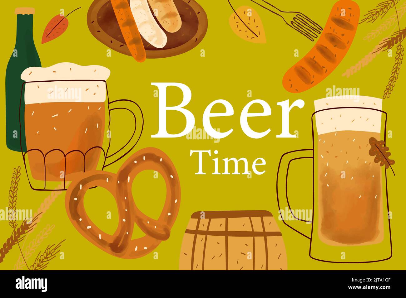 Card design with stylized illustration mugs of beer, pretzel snack and ...