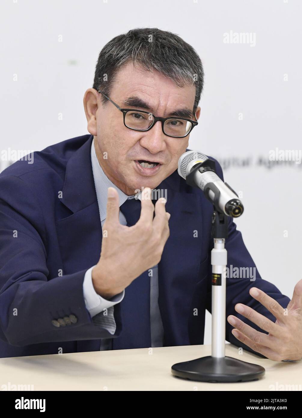 Japanese Digital Minister Taro Kono gives an interview in Tokyo on Aug ...