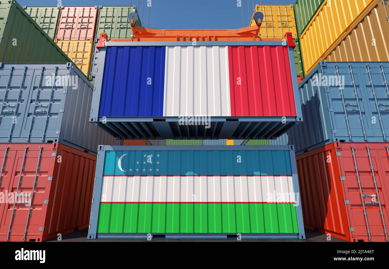 Cargo containers with Uzbekistan and France national flags. 3D ...
