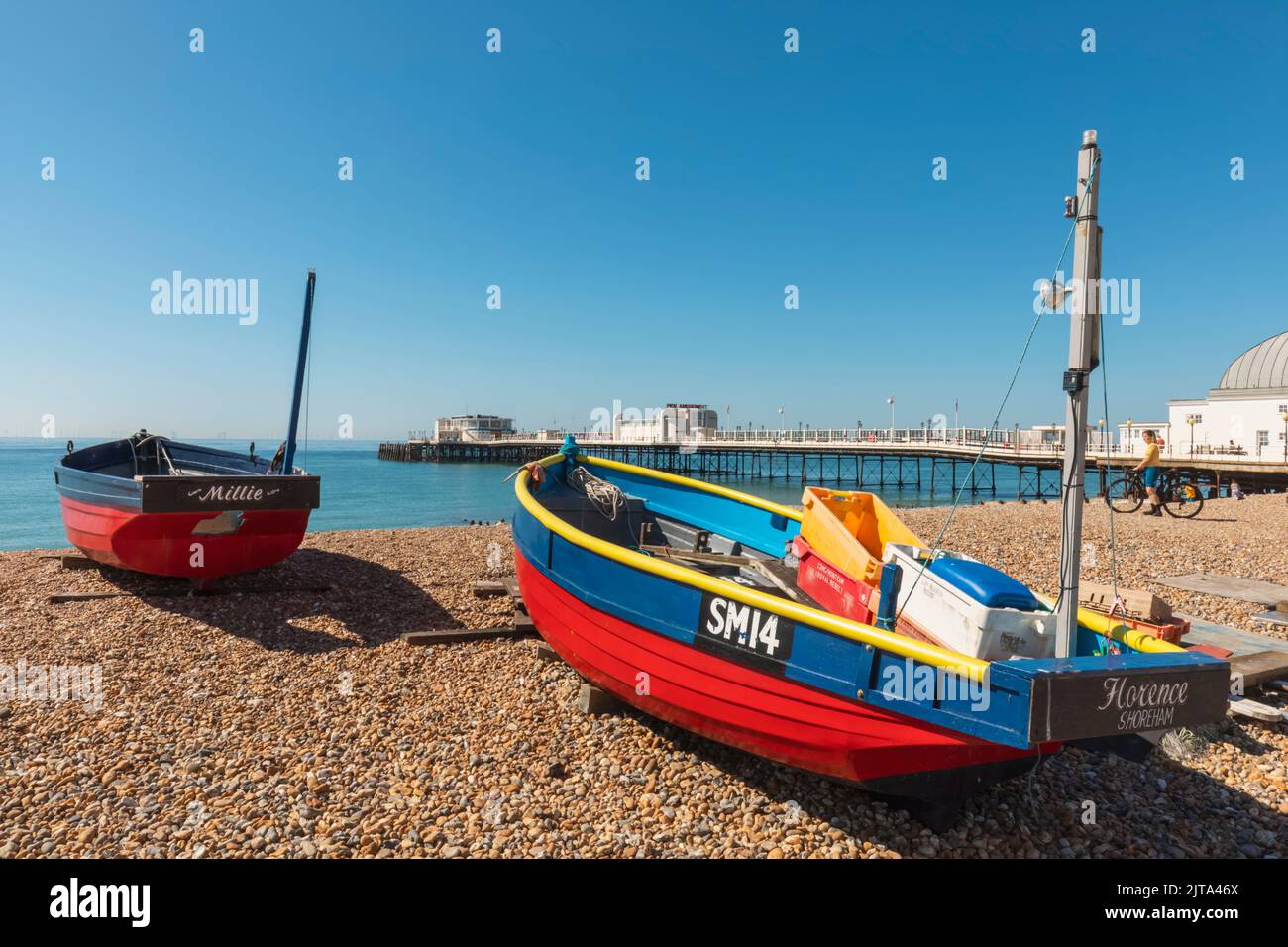England, West Sussex, Worthing, Worthing Beach, Colourful Fishing Boats ...
