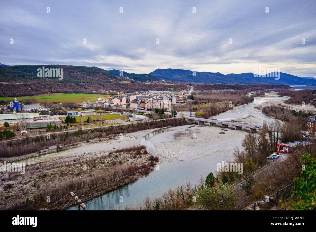 View of Cinca river from medieval village of Ainsa, one of Spain´s most ...