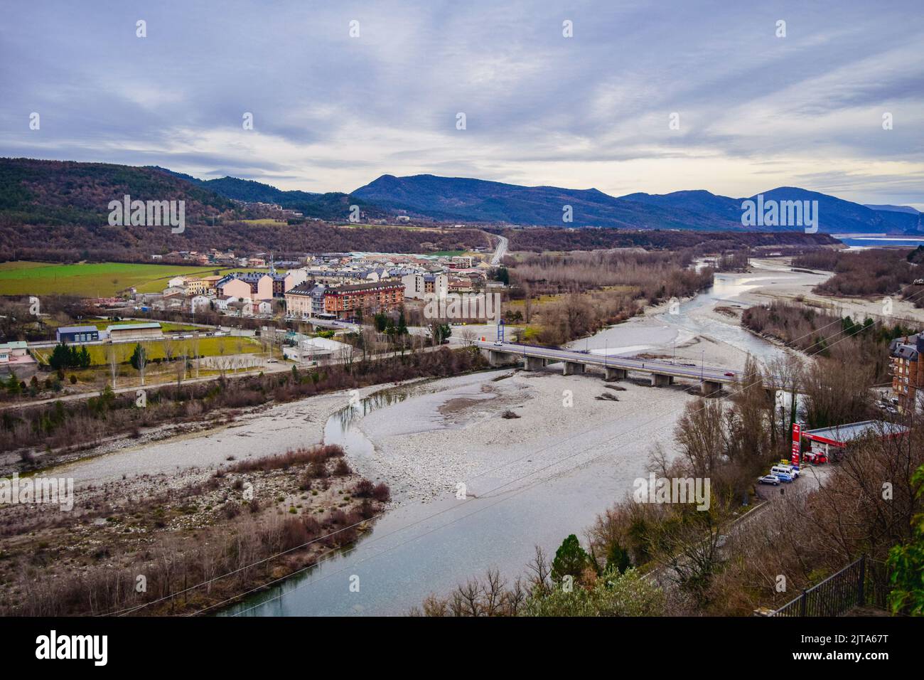 View of Cinca river from medieval village of Ainsa, one of Spain´s most ...