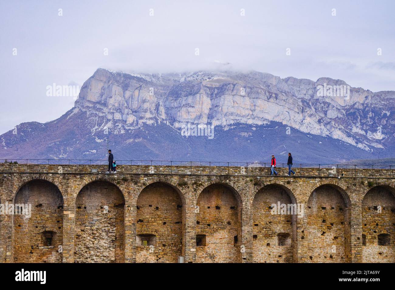 View of Peña Montañesa from the castle. Medieval village of Ainsa, one ...